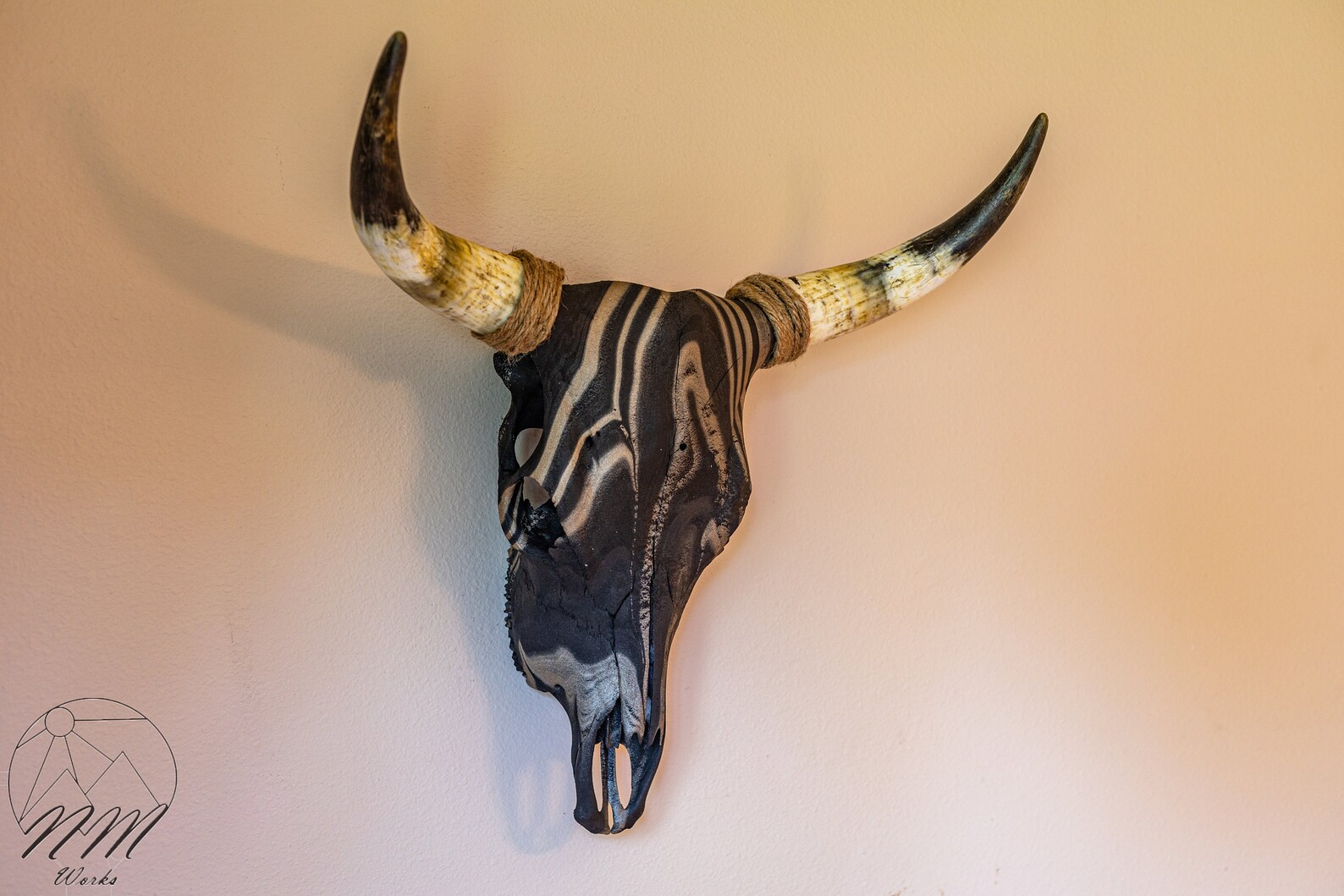 Painted Longhorn Skull Wall Mount | Hydro Dipped Black Gold | Boho ...