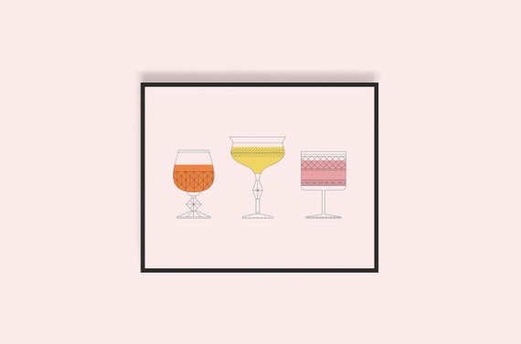 Vintage Cocktail Glasses Print Digital Print Wall Art | Etsy