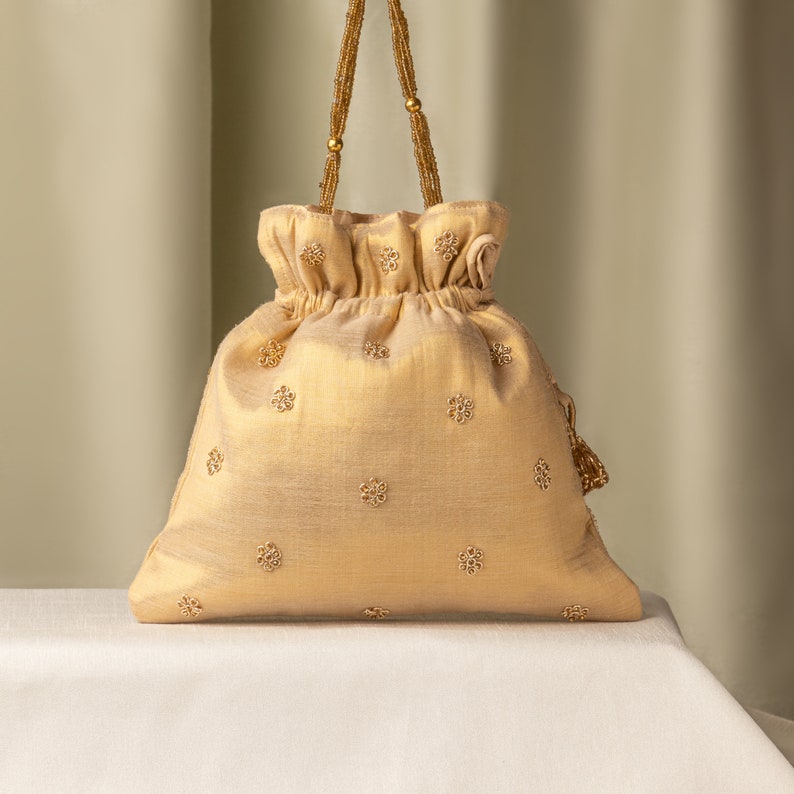 Handcrafted Zardozi Sequin Embroidered Golden Drawstring Bag: Ethnic ...