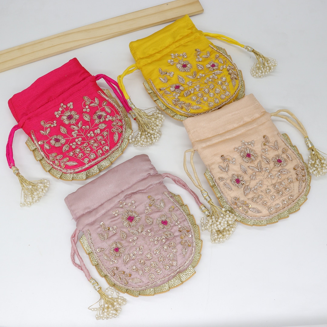 Pack of 4 Art Deco Embroidered Silk Pouch, Wedding Giveaway Bags, Small ...