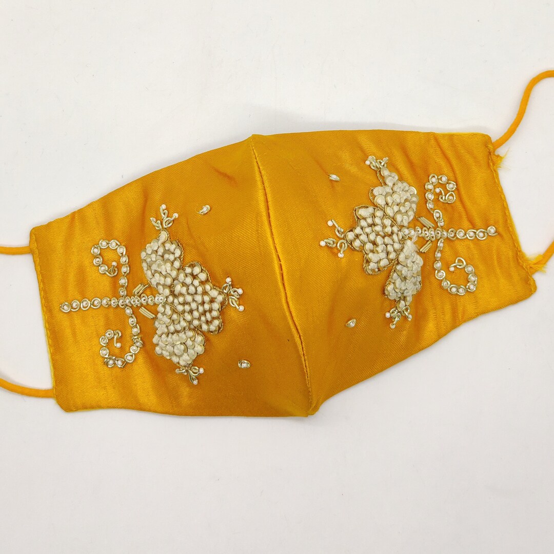 Mustard Yellow Satin Face Mask: Zardosi Embroidered Indian Wedding Mask ...