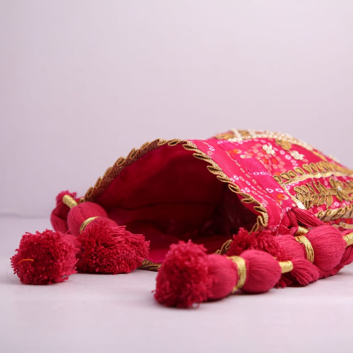 Pink Bandhej Fabric Decorative Golden Lace Gota Patti | Etsy