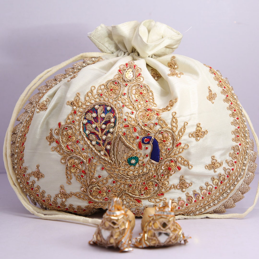 Peacock Indian Potli Bag, Hand Embroidery, Handmade, Bridal Potli ...