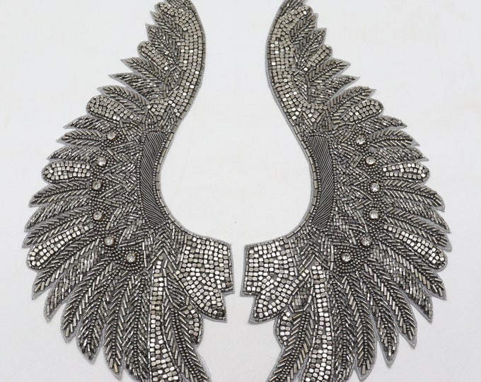 Metallic Grey Beaded Wings Style Hand Embroidered Sew on Couture ...