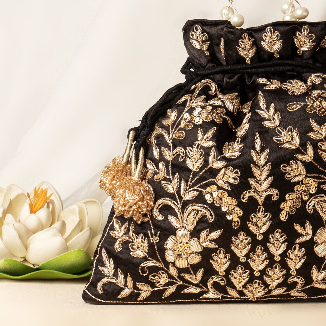 Black Satin Potli Bag: Golden Zardozi Embroidered Indian Wedding Purse ...
