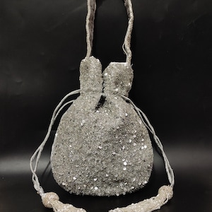 Evening Party Luxury Silver Fabric Drawstring Handbag Purse for Woman ...