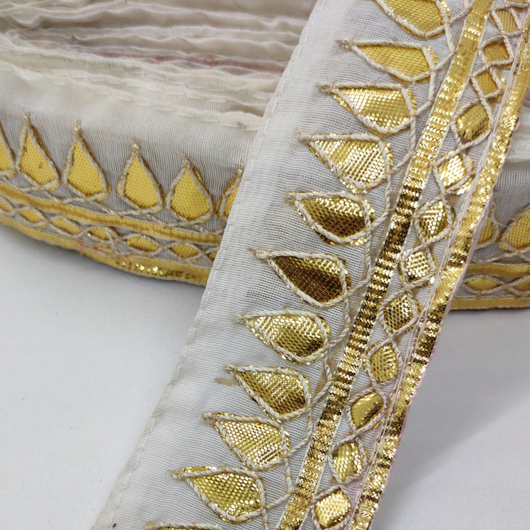Golden Gota Patti Ribbon Trim: Ivory Leaf Pattern Indian Border (1.90 ...