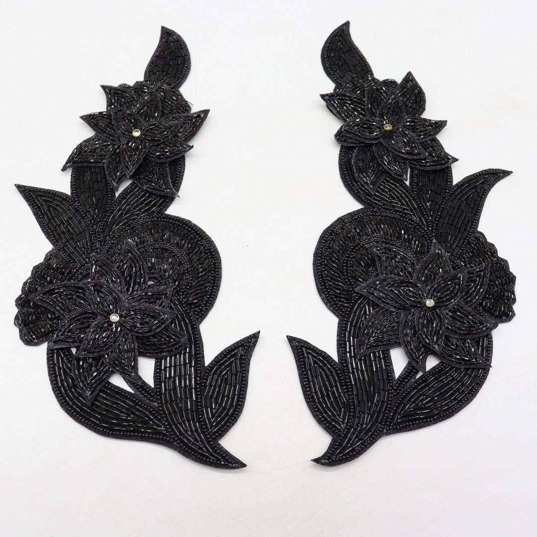 Beaded Black Floral Applique Pair: Couture Dress Decor - Etsy