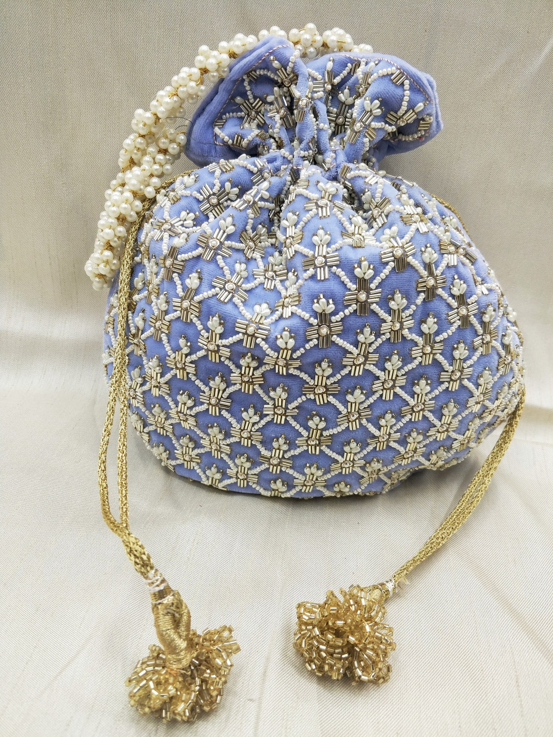 Sky Blue Velvet Potli Bag | Kat Dana Work, Indian Embellished Handbag ...