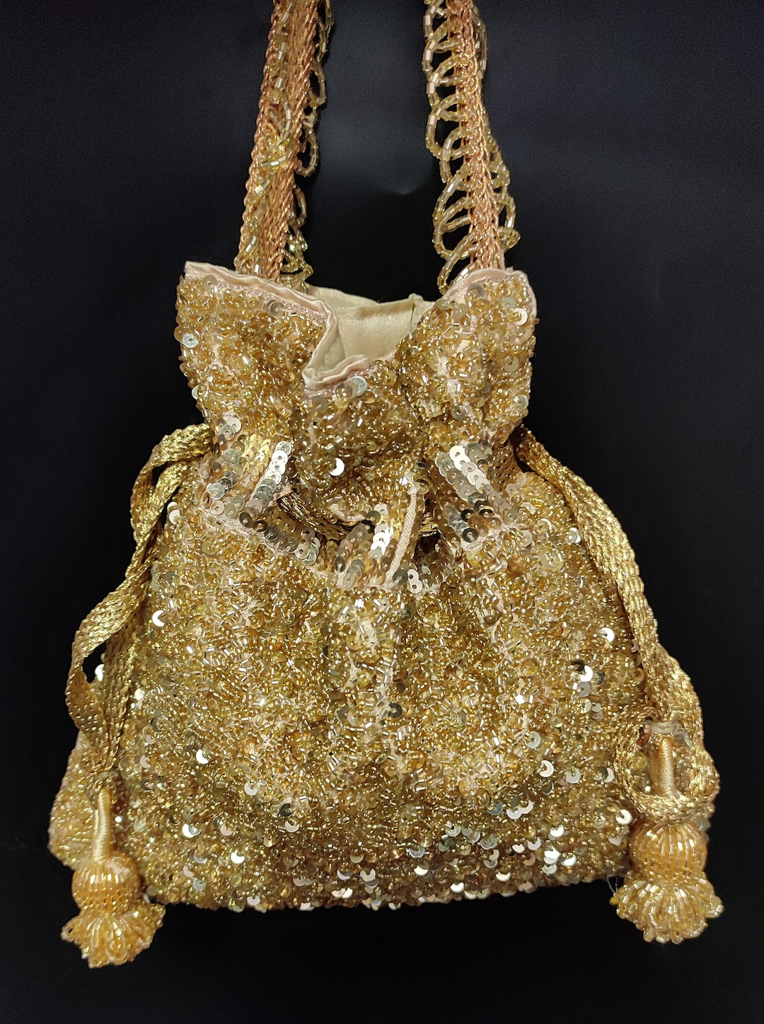 Gold Sequin Beaded Handbag: Embroidered Silk Drawstring Evening Bag - Etsy
