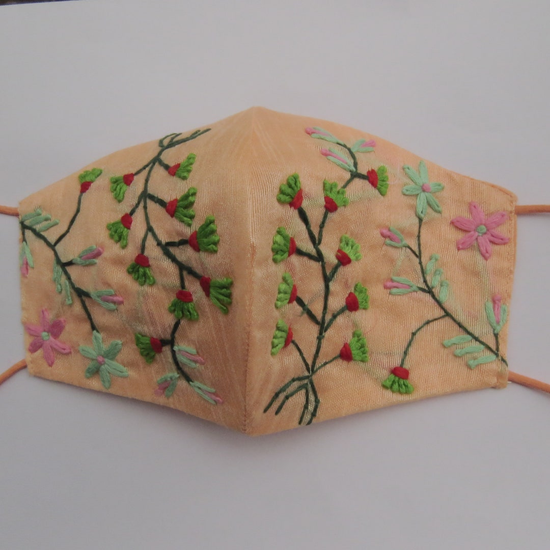 Pink & Mint Flower With Floral Texture Thread Embroidered Peach Silk ...