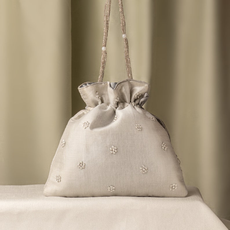 Zardozi Hand Embroidery Silver Drawstring Bag: Wedding Wristlet Pouch ...
