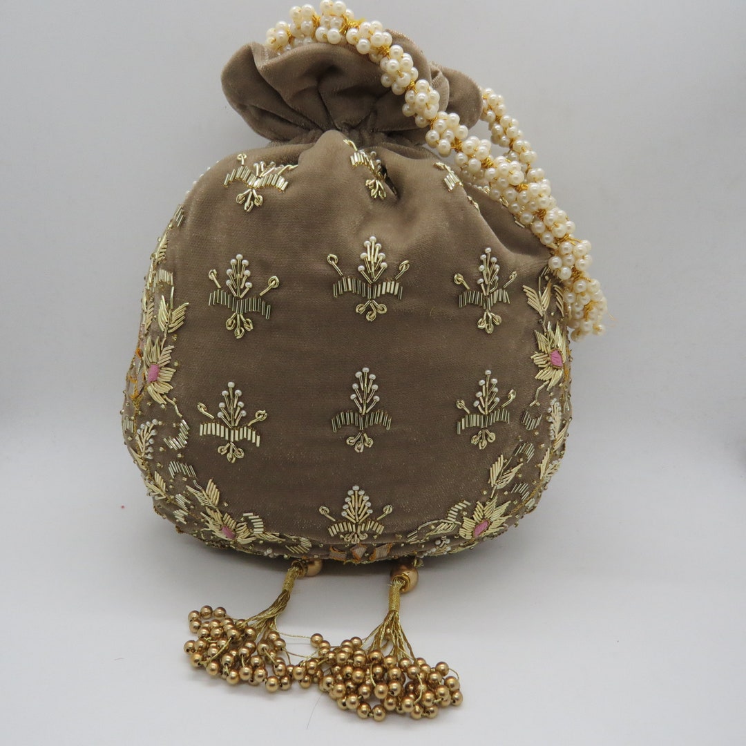 Embellish Coffee Velvet Fabric Purse and Bag Zardosi Pearl Handmade ...
