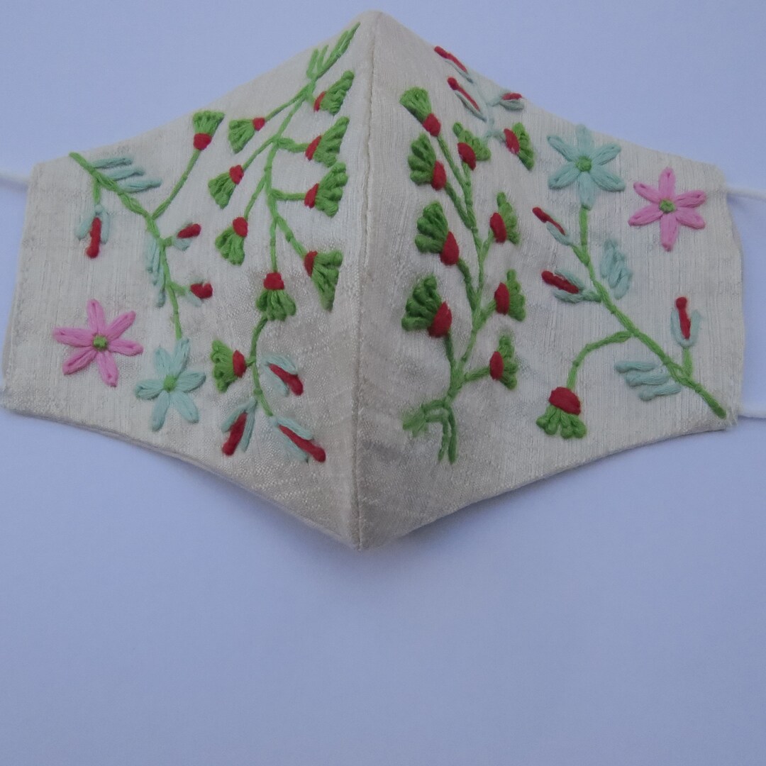 Artisan Handmade Beige Raw Silk Fabric Embroidery Flower Face Mask for ...