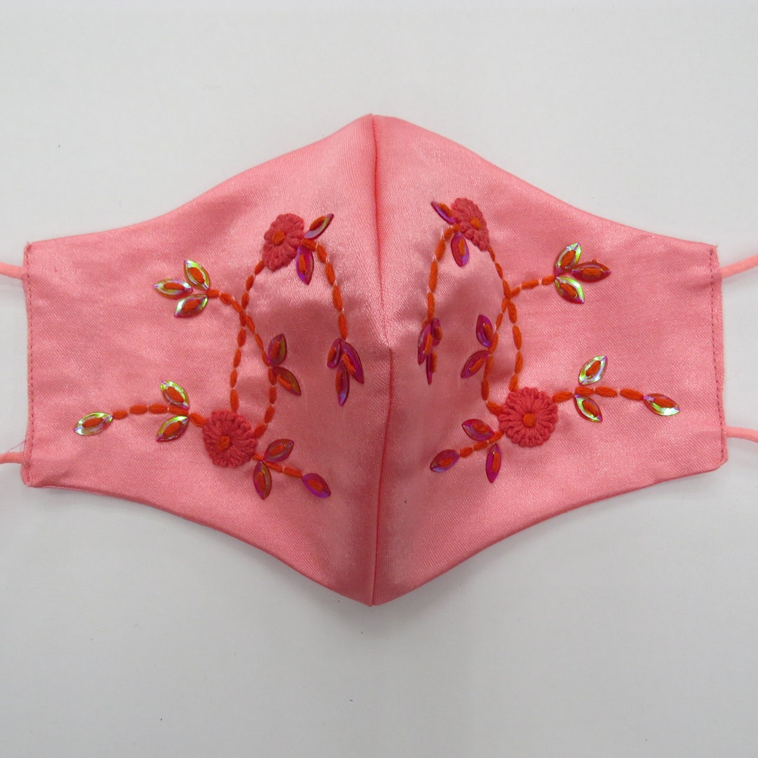 Floral Texture Silk Embroider Face Mask for Woman | Pink Designer ...