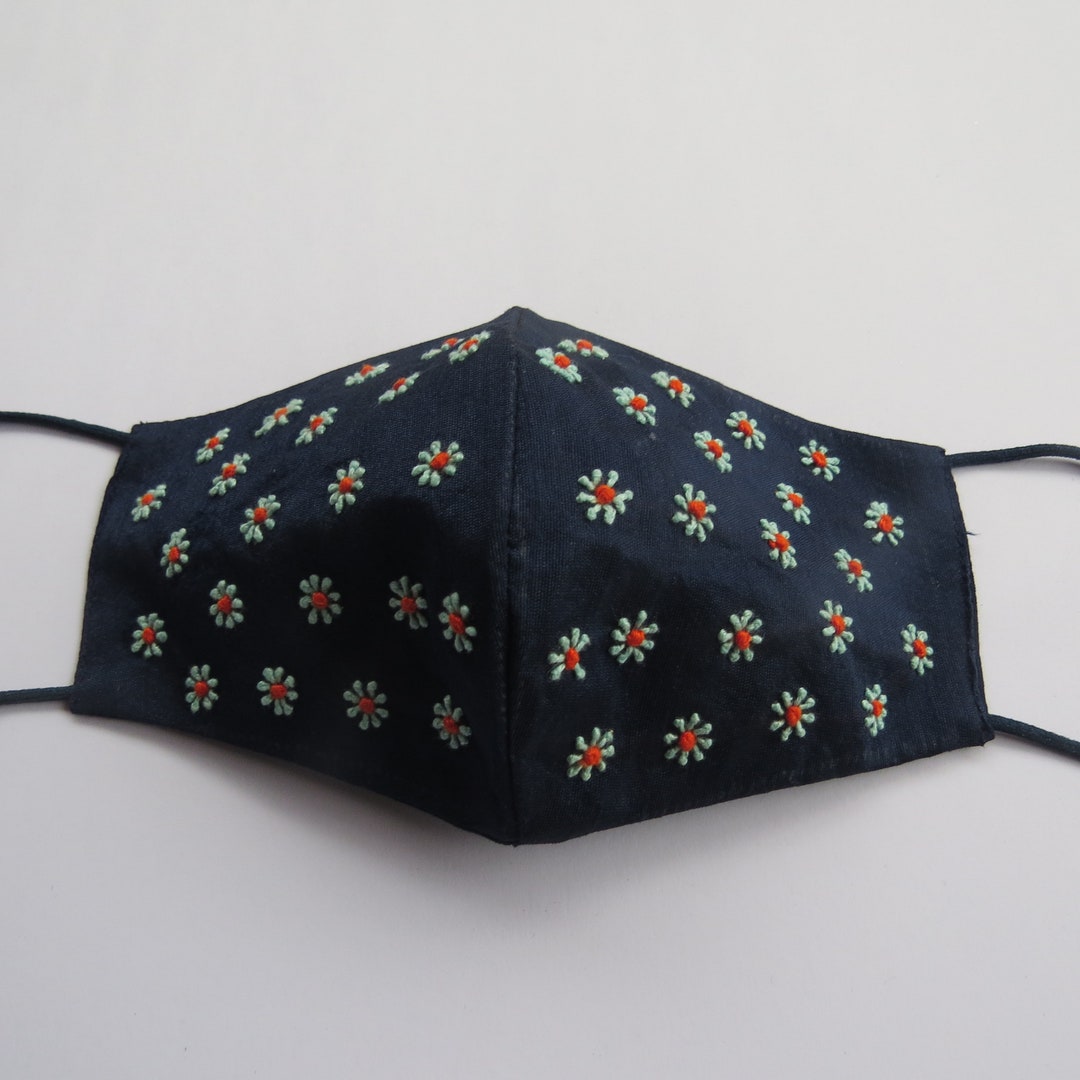 Navy Blue Fabric Floral Embroider Adorable Face Mask | Designer Face ...