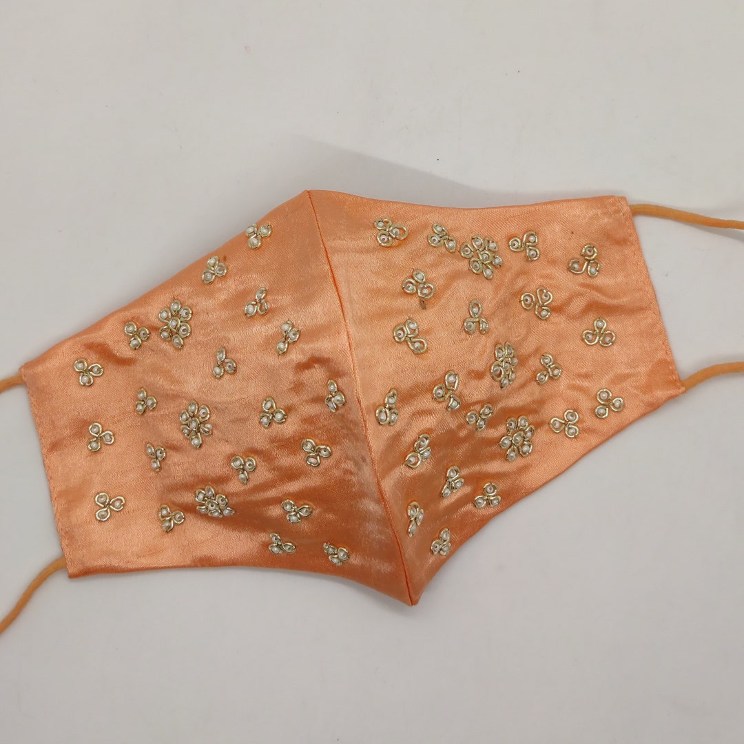 Peach Fabric Pearl Beaded Mask to Wear to a Wedding | Bead Face Mask ...