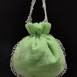 Bling Silver Sequin Zardosi Embroider Pistachio Green Velvet Drawstring Handbag for Woman Art ...