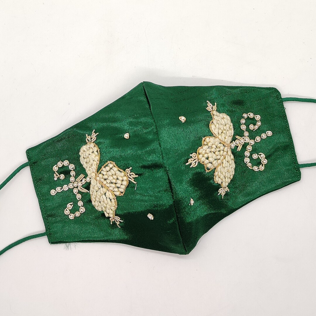 Emerald Green Satin Silk French Knot Zardosi Embroider Fancy Face Mask ...
