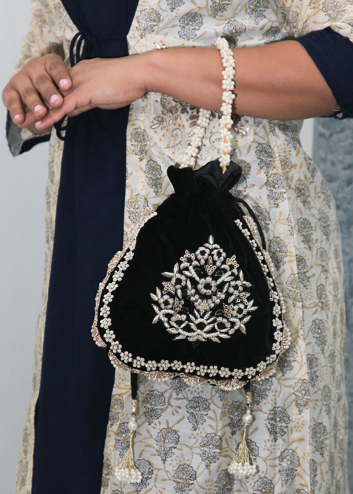 Black Velvet Potli Floral Pearl Flower Zardosi Handmade | Etsy