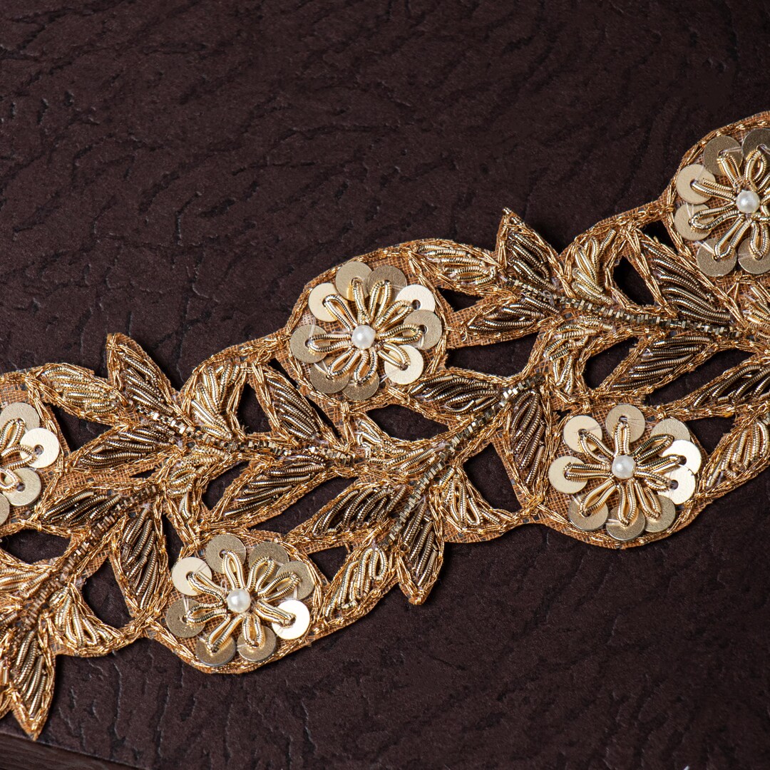 Golden Zardozi Sequin Lace Trim by the Yard | Bridal Wedding Sari Dupatta Embellishment ...