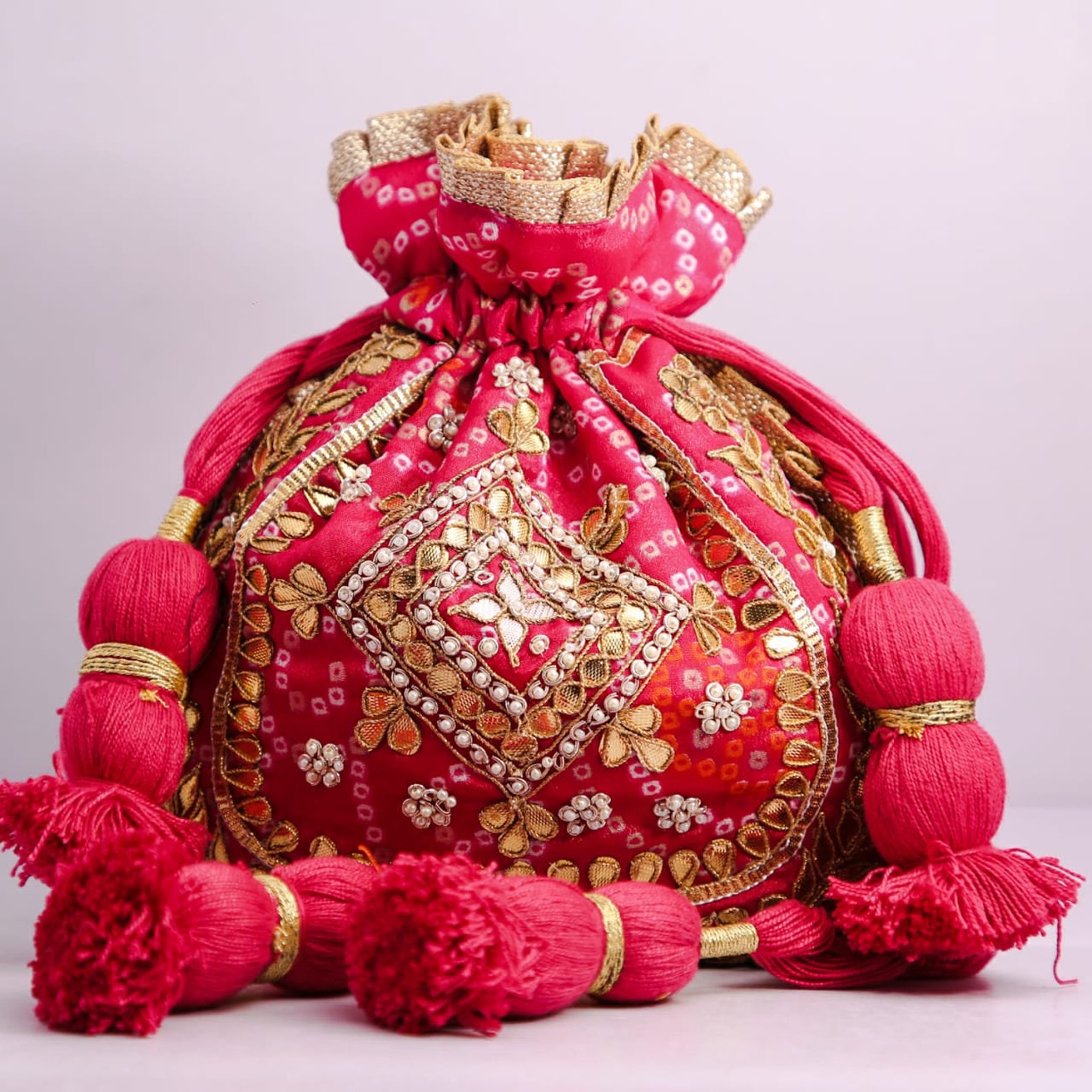 Pink Bandhej Fabric Decorative Golden Lace Gota Patti | Etsy