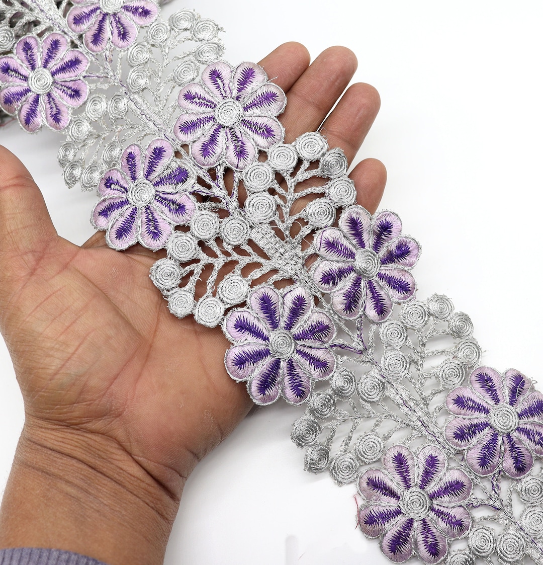 3" Wide Decorative Lavender Purple Flower Embroidered Sewing Silver ...