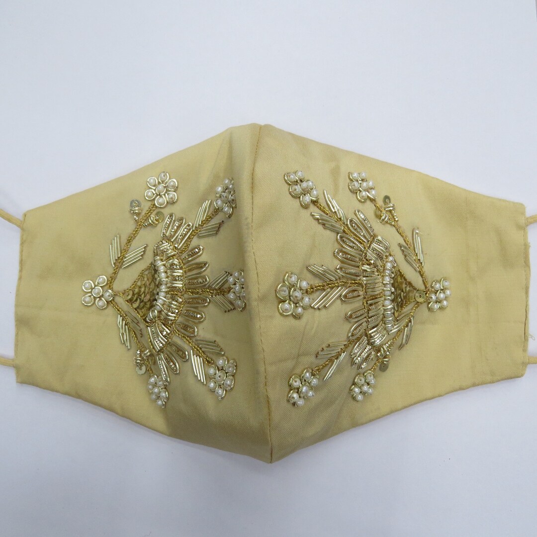 Golden Zardosi Embroidered Pearl Beaded Fancy Face Mask for Wedding ...