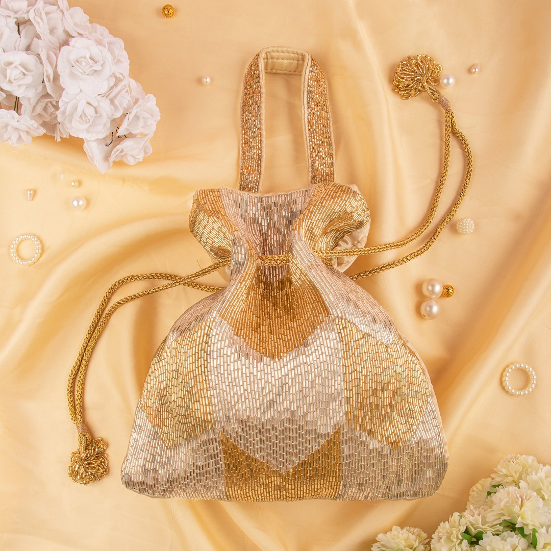 Bling Gold Silver Bead Embroidered Bridal Hanbag, Designer Hand Work ...