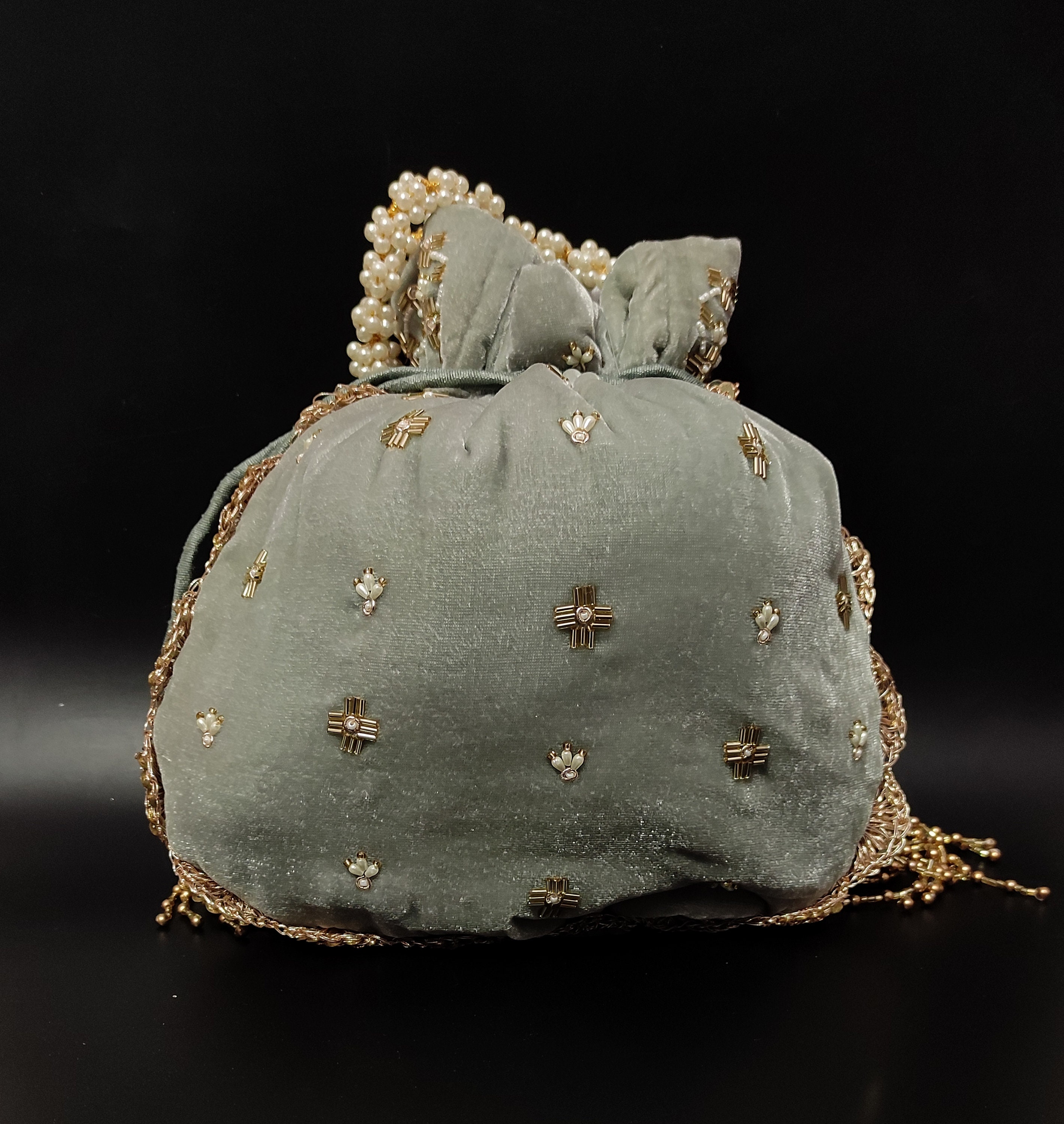 Gray Velvet Beaded Potli Bag: Elegant Wedding Favor Purse (10” X 8”) - Etsy