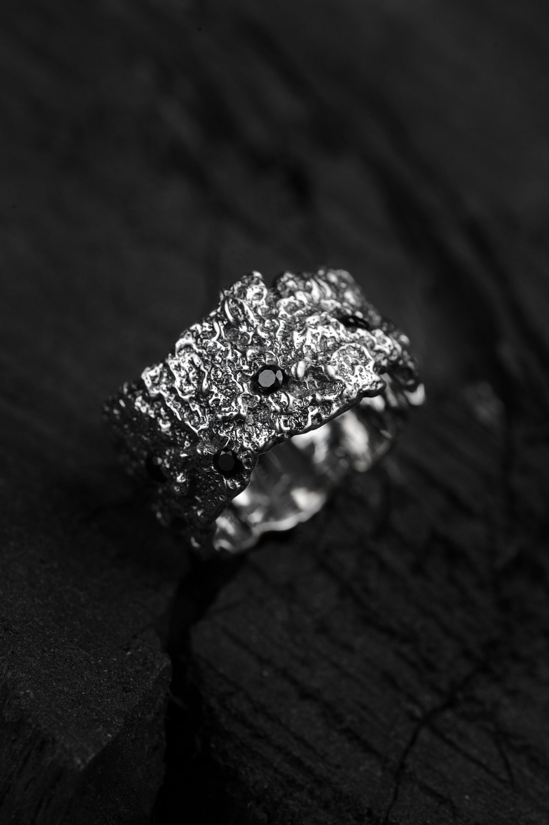 Black Stones Ring.modern,organic Silver Ring.hand Sand Casted,custom ...