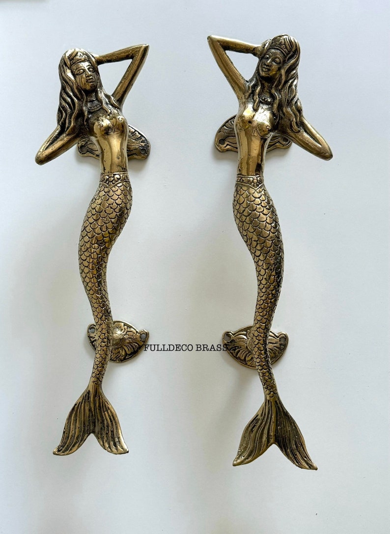 9.8” Pair Dancing Mermaid Brass Door Handle - Mermaid Cute Door Handle ...