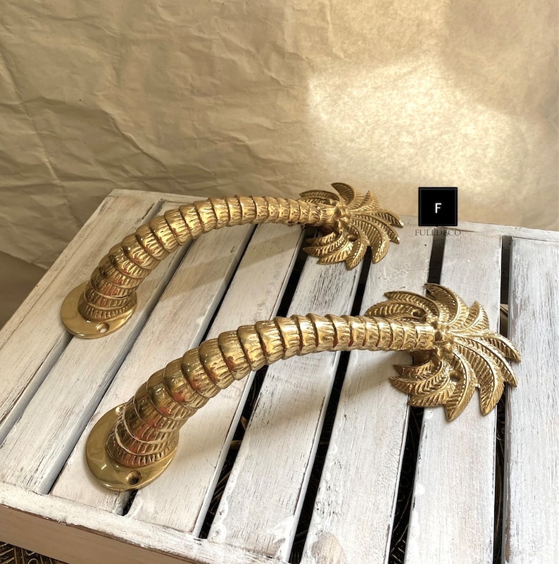 Pair of Palm Brass Handle - Tropical Brass Handle - Palm Brass Door ...