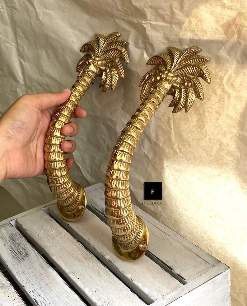Pair of Palm Brass Handle - Tropical Brass Handle - Palm Brass Door ...