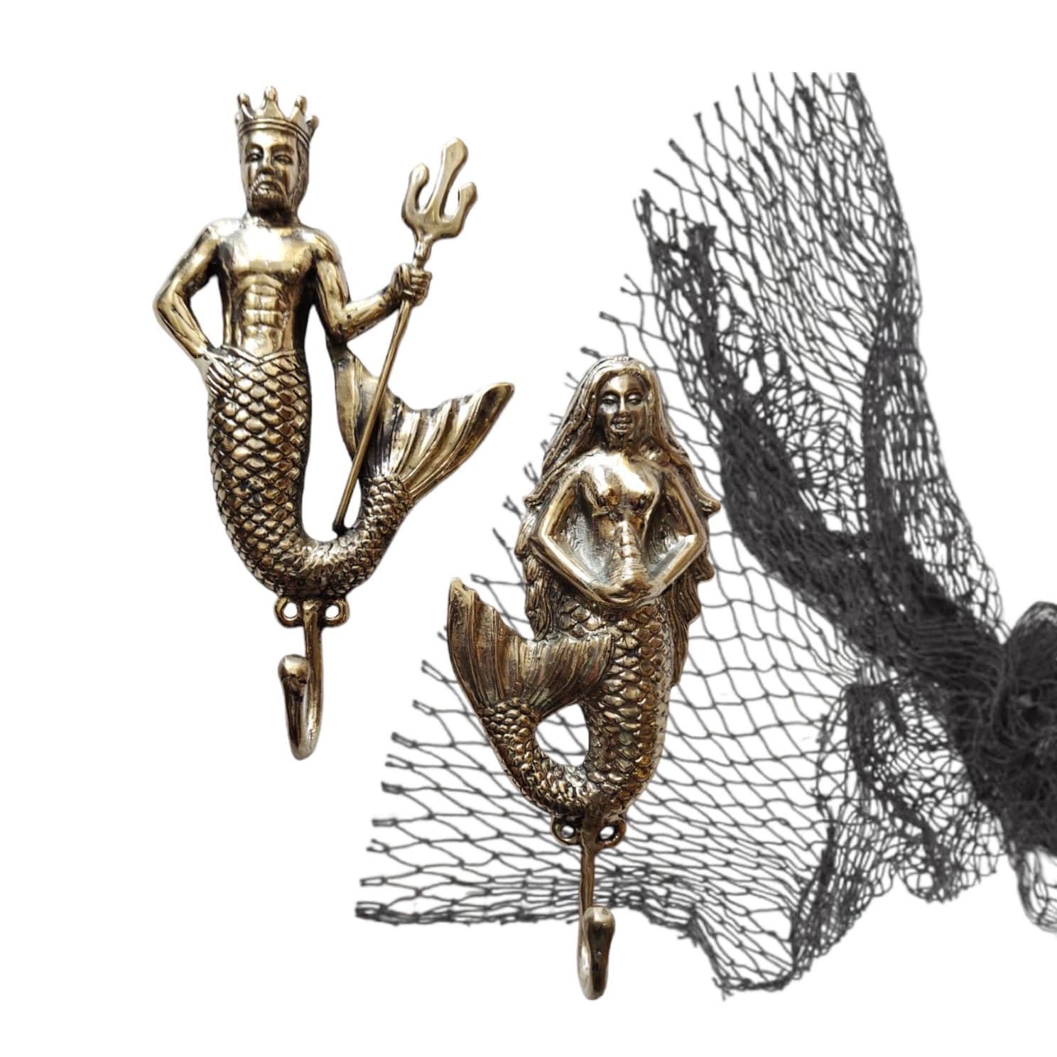 7.8 Pair of Mermaid Queen and Mermaid King Hook Brass Mermaid King and ...