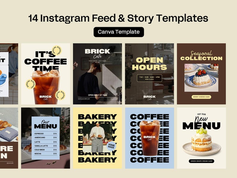 Retro Cafe Branding Kit Canva Template | Bakery Social Media Templates ...