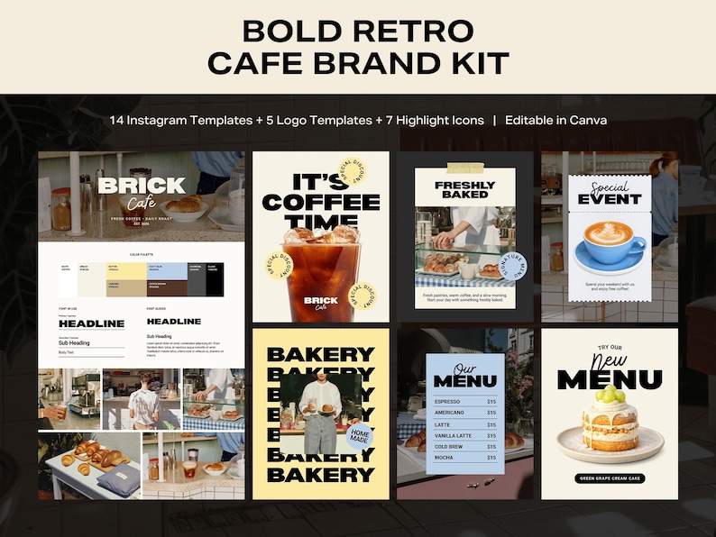 Retro Cafe Branding Kit Canva Template | Bakery Social Media Templates ...