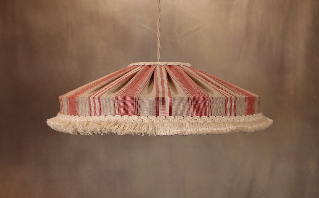 Lampshade Striped Red Rustic Style With Short Cotton Fringe - Etsy