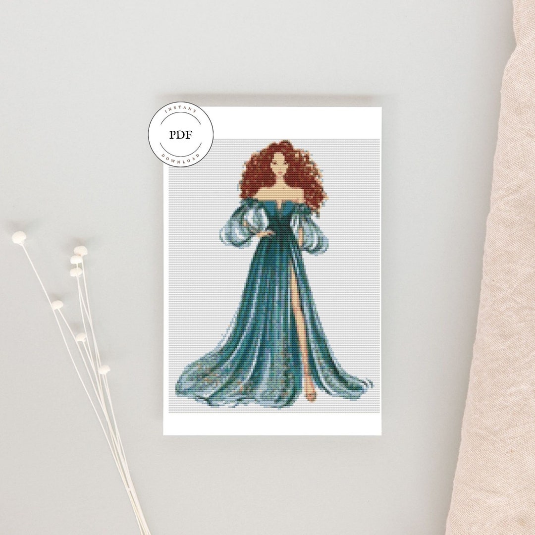Merida Princess Cross Stitch Pattern, Green Dress Princess, Modern ...
