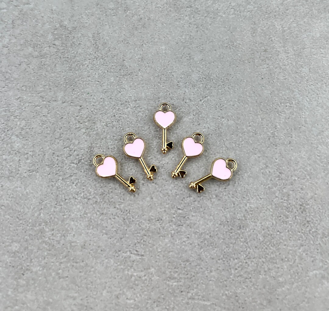 5 Tiny Pink Heart Key Charms - Etsy