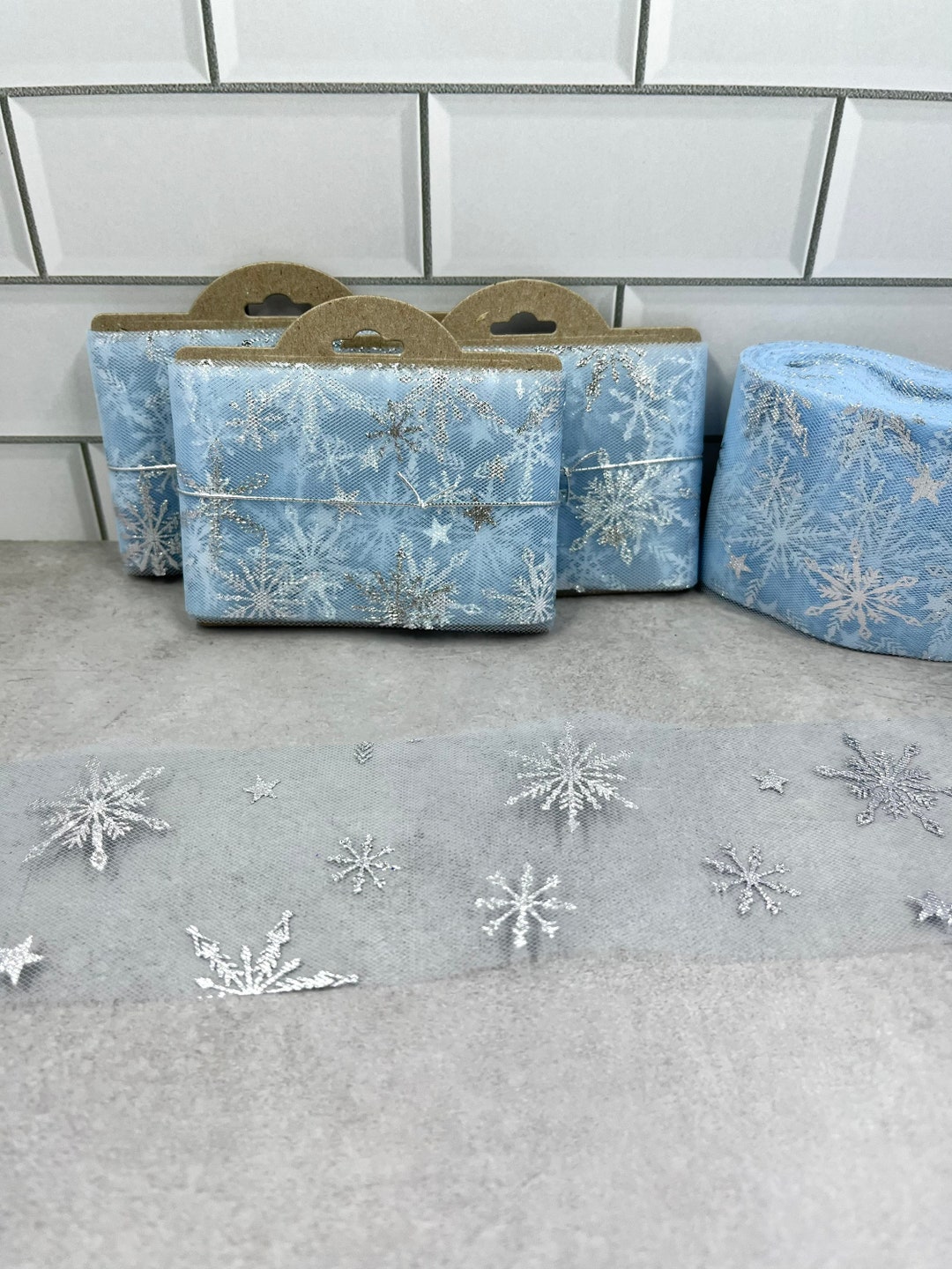 2 Yards of 6cm Wide Light Blue With Silver Stars and Snowflakes Tulle ...