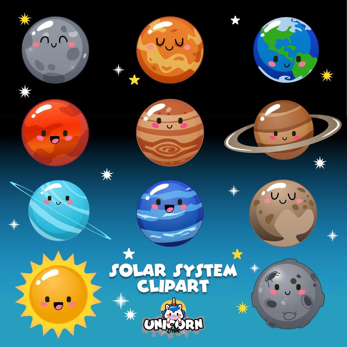Cute Solar System Clipart, Kawaii Sun Moon and Planets PNG ...