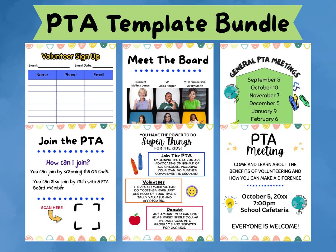 PTA/PTO Editable Template Bundle, Meeting Flyers, Volunteer Sign Up ...