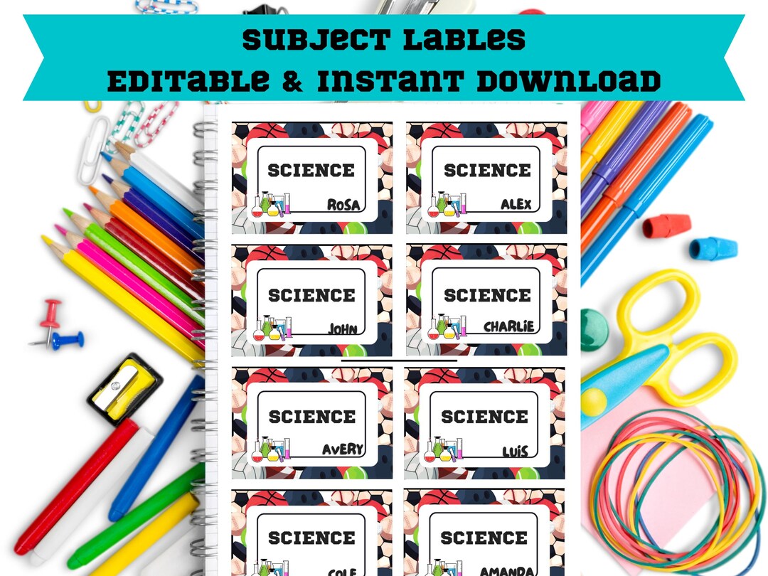 Sports Subject Labels, Editable Classroom Folder Stickers (digital ...
