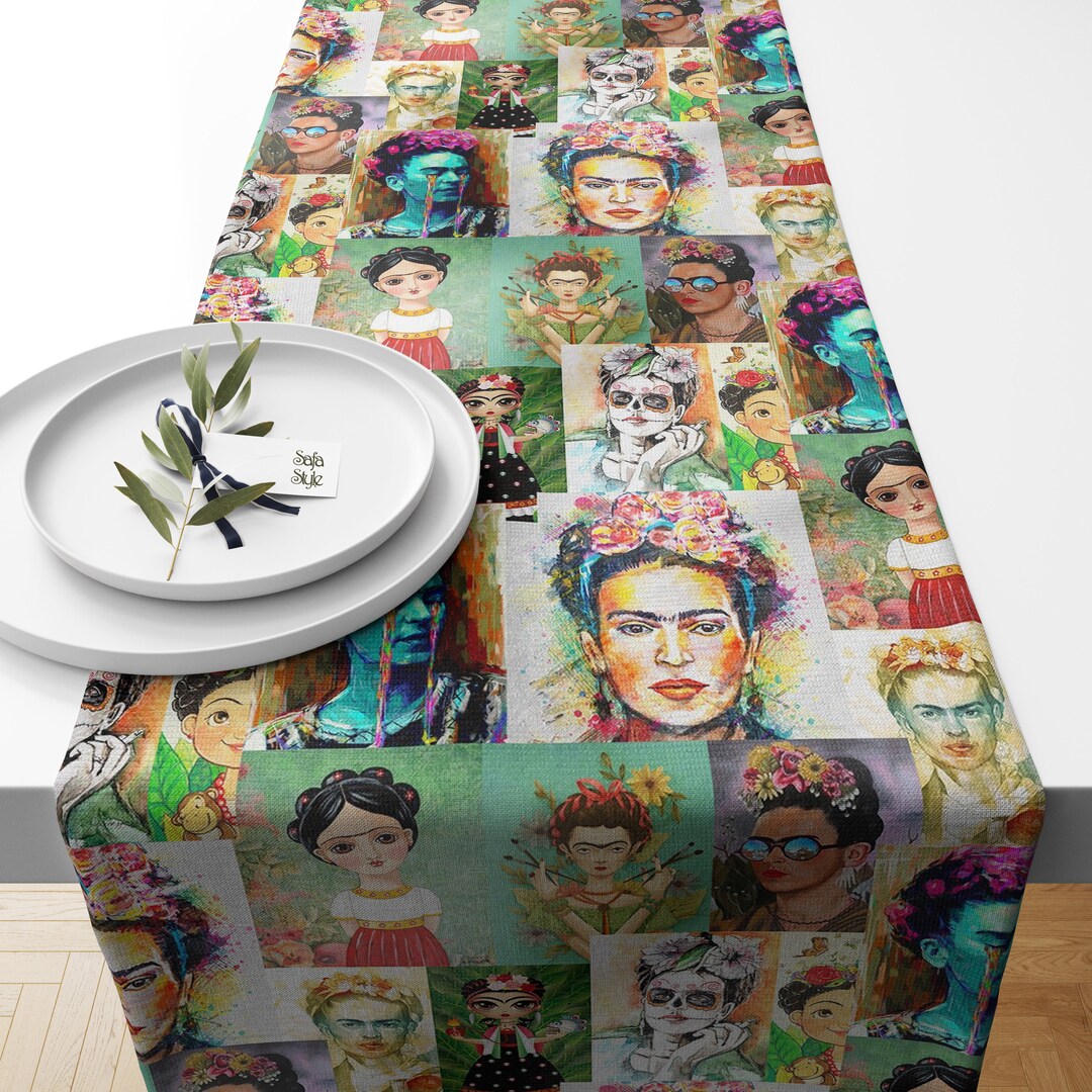 Frida Kahlo Portrait Green Background Patterned Printed Mexican ...