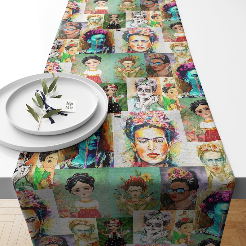 Frida Kahlo Portrait Green Background Patterned Printed Mexican ...
