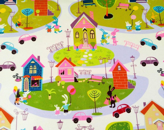 Rabbit Street Print Fabric, Green Background, Upholstery Fabric by the ...