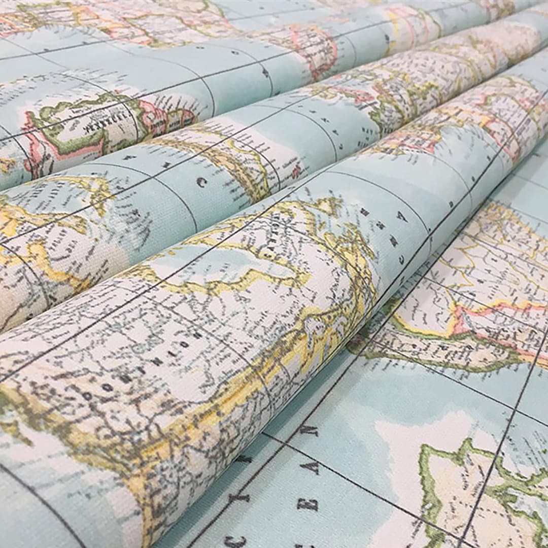 World Map Blue Patterned Decorative Printed Fabric Indoor Outdoor ...