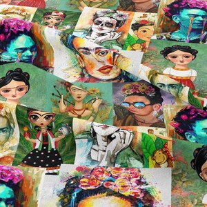 Frida Kahlo Portrait Green Background Patterned Printed Mexican ...