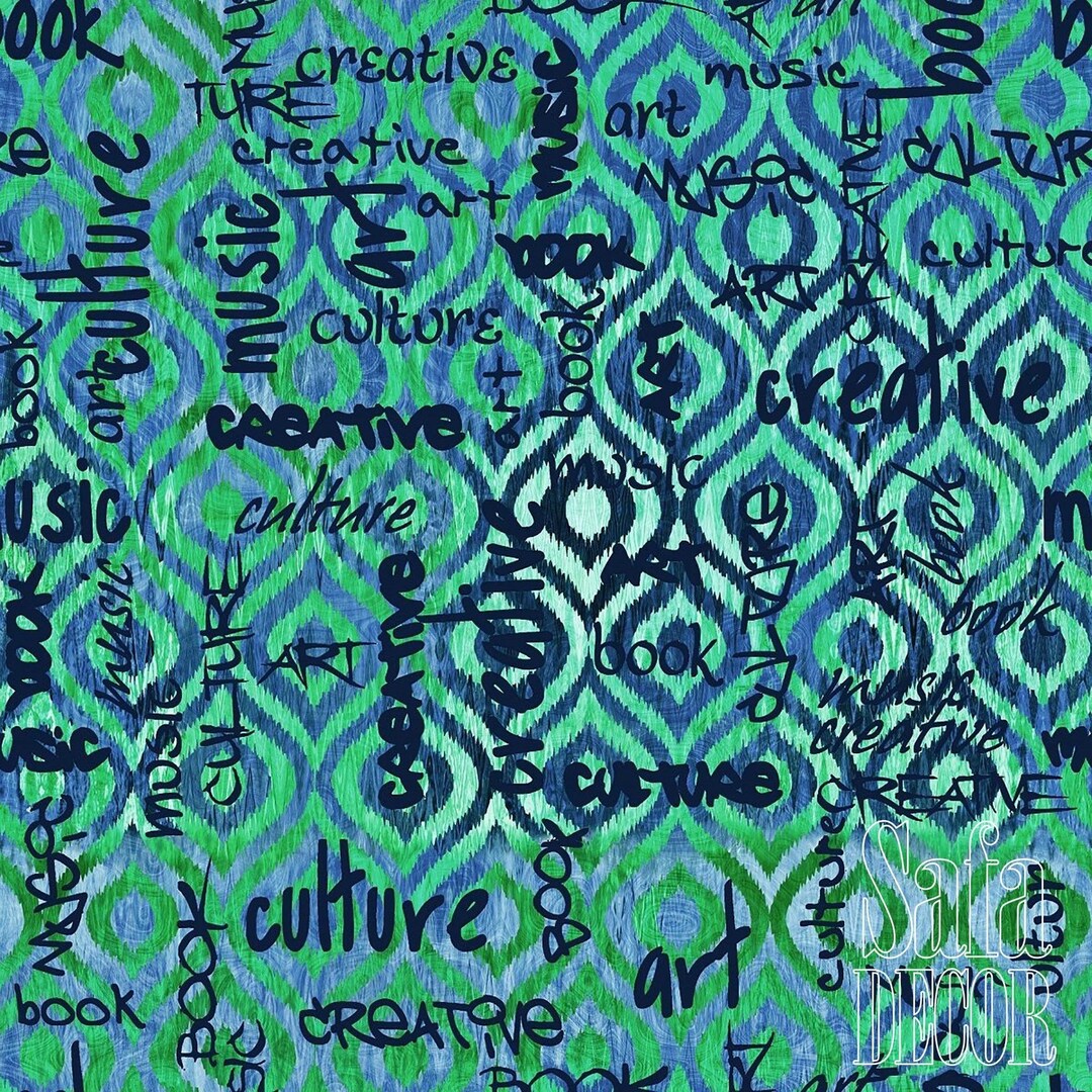 Blue Turquoise Ikat Lettering Pattern Digital Printed Decorative Fabric ...